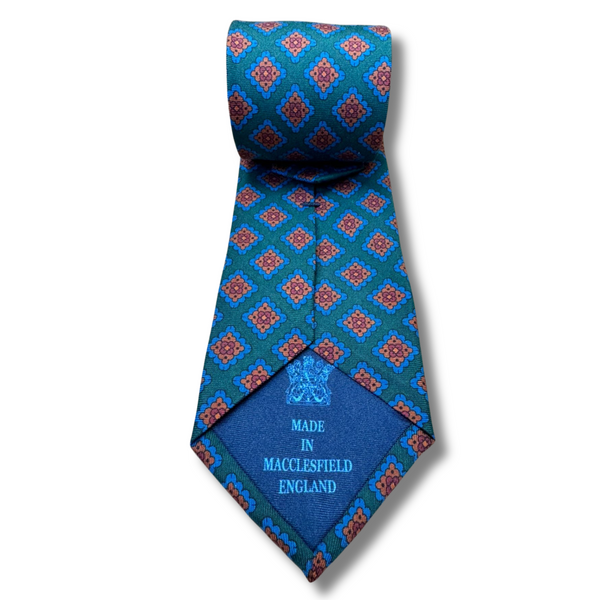 Green and Blue Neat Printed Silk Tie Hand Finished - British Made ...